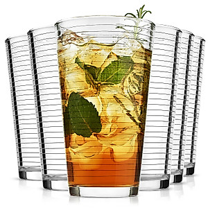 ALINK 16 oz Drinking Glasses, Set of 6 Highball Glasses, Ribbed Glassware Glass Cups, Water Glasses for Beer, Iced Coffee Cups, Cocktail Glasses, Wine, Iced Tea, Dishwasher Safe