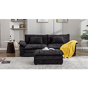 Oprisen 85.4” Comfy Cloud Chenille Sofa Couch, Cozy Deep Seat Sectional Sofa w/Chaise, Upholstered Modern L-Shaped Modular Loveseat for Livingroom Bedroom Apartment Office Office (Black)