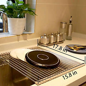 ALIMART Roll up Dish Drying Rack Over The Sink Rolling Drainer Foldable for Kitchen Counter RV Trailers (17.8 inch X15.8 , Black)