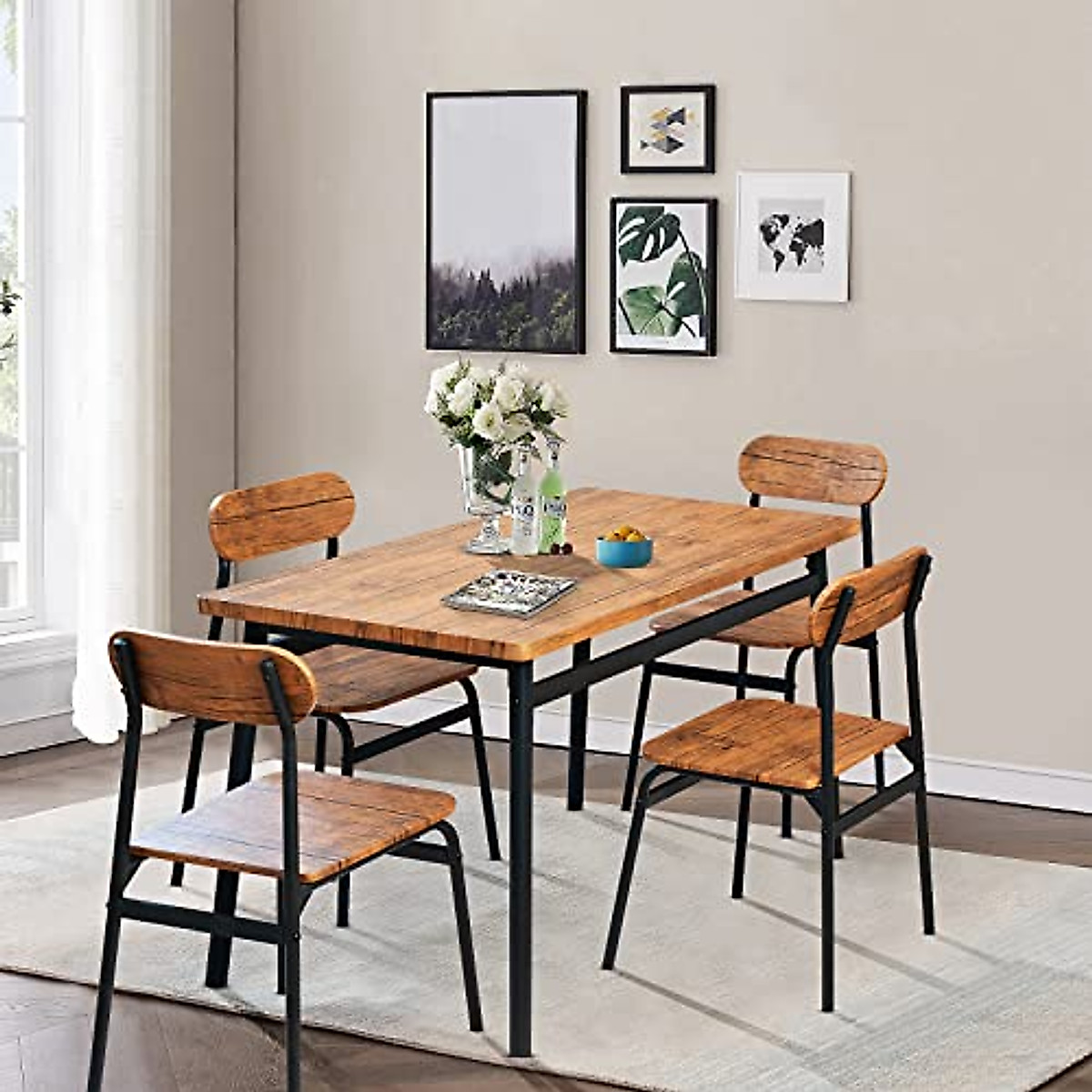 Lamerge 5-Piece Dining Table Set, Kitchen Table Set for 4, Industrial Dining Table and Chairs Set with Metal Frame, Kitchen Table and Elliptic Curve Chairs for Small Space, Homeoffice, Breakfast Nook