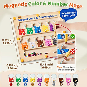 JoyCat Magnetic Color & Number Maze - Montessori Wooden Color Matching Learning Counting Puzzle Board - Toddler Fine Motor Skills Toys for Boys Girls 3 4 5 Years Old