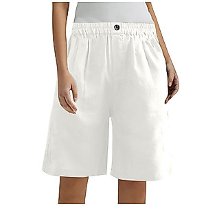 JDHUFEI Cotton Shorts for Women Elastic Waist Knee Length Casual Shorts Loose Fit Bermuda Shorts Summer Beach Pocketed Shorts