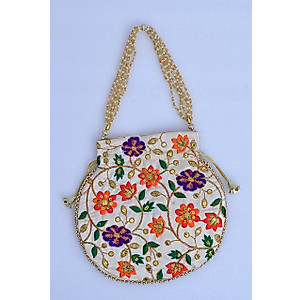 Truesellershop Designer Embroidered Potli Bag for Women Indian Ethnic Embroidered Printed Silk Batwa Pearls Handle Purse Clutch Off White