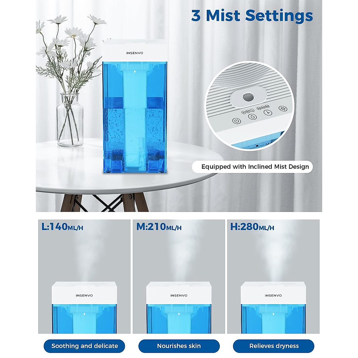 INSENVO Humidifier for bedroom, 5L Top Fill Humidifier with Touch Control, Ultrasonic Adjustable 3 Mist Outputs, 3 Timers, Auto Shut-off Air Humidifier for Bedroom, Living Room, Office, Pets, Plants