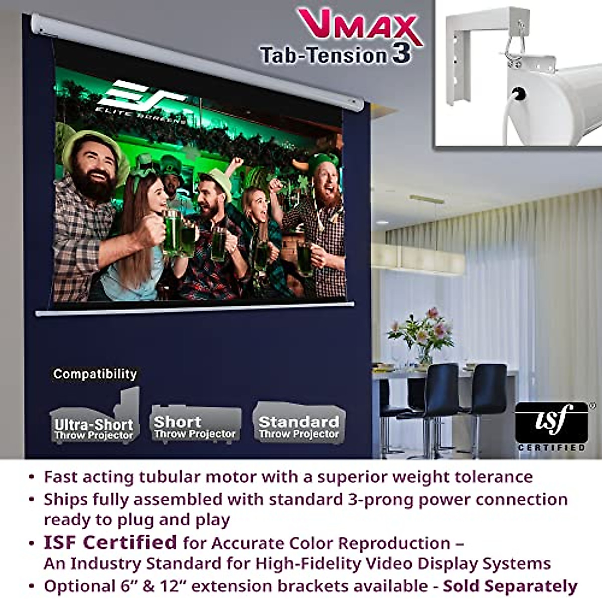 Elite Screens VMAX Tab Tension 3 Series, 110-INCH Electric Motorized Projector Screen CineWhite ISF Material Movie Home Theater, VMAXT110XWH3