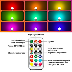 USB Rechargeable Light Bulb With Remote Control, Smart RGB Color Changing Bulb, 9+3 Color Temperature, LED Dimmable Touch Control Bulb With Timing Function, 2600mAh Battery Powered 8W A19, E26,2 Pack