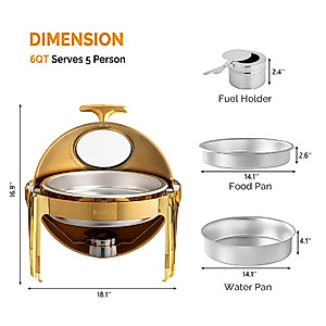 ROVSUN 6 QT Round Chafing Dish Buffet Set, Roll Top NSF Stainless Steel Buffet Warmer Chafers and Buffet Warmers Sets with Thick Frame for Catering Events Parties Weddings Dinners,Gold
