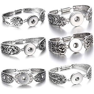 LOVGLISTEN 6pcs Flowers Carved Vintage Magnetic Snap Bracelet Bangle for 18mm Snap Button Jewelry （11）