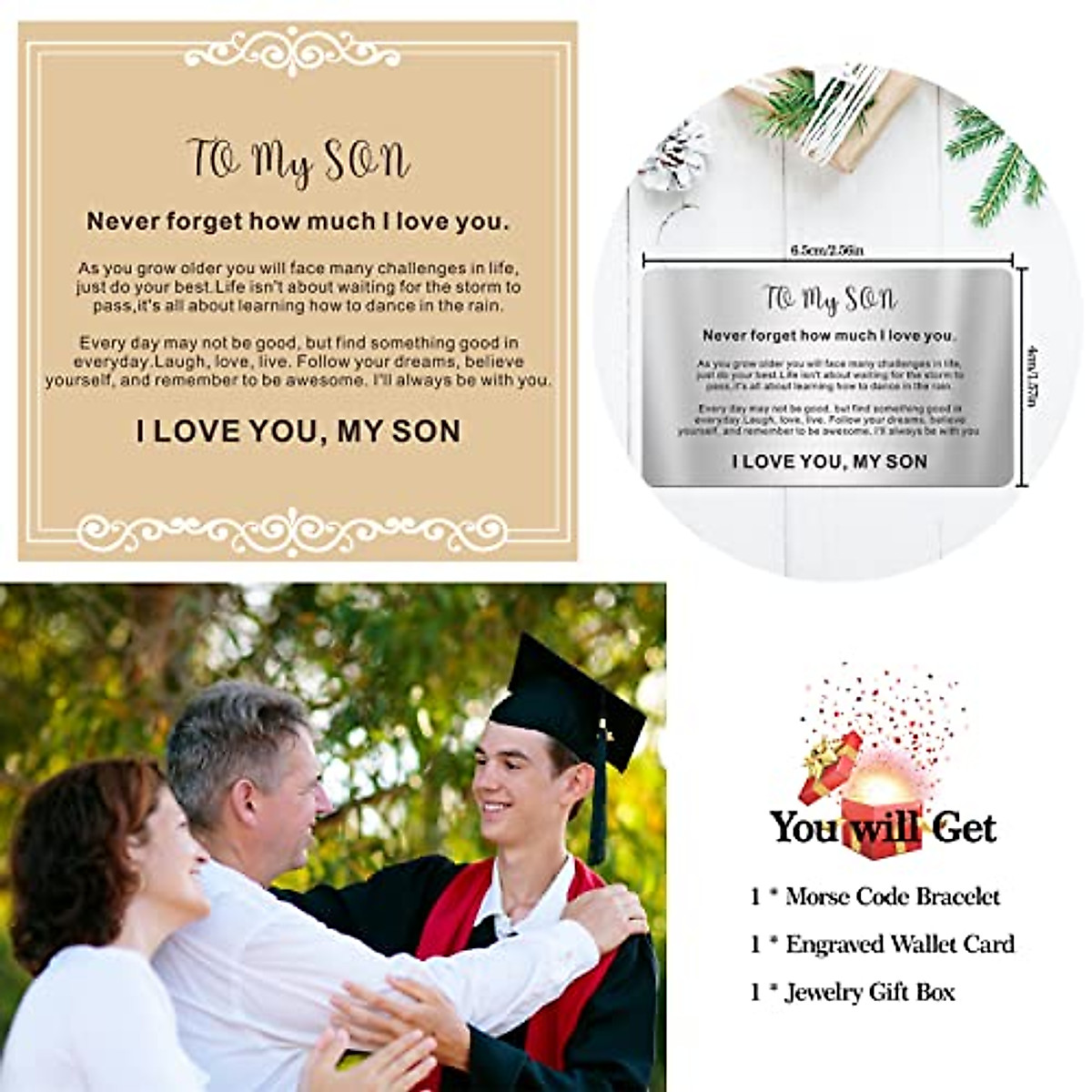 TAGOMEI To My Son Bracelet from Mom, I Love You Morse Code Bracelet with Engraved Wallet Card Graduation Gifts for Son Men Boys, Adjustable Handmade Mens Beaded Bracelets Birthday Anniversary Gift