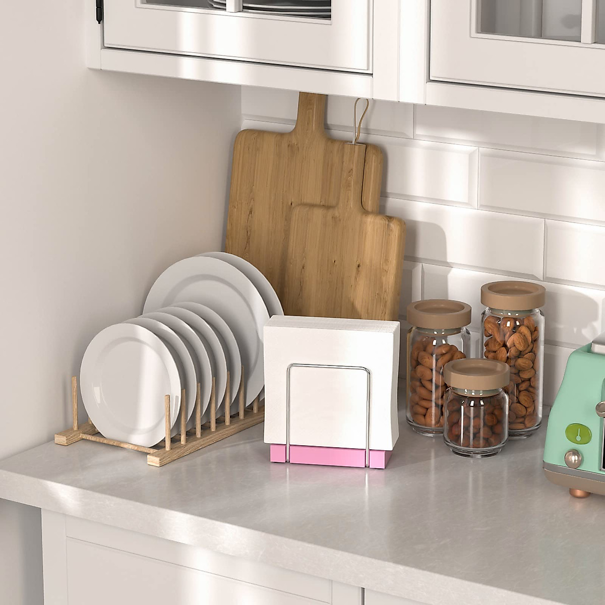 Napkin Holder for Table, Pink Kitchen Accessories Appliances for Table Farmhouse Cocktail Picnic Rustic Bamboo Iron Wood Holders for All Dining Room Decor Silvery & Pink