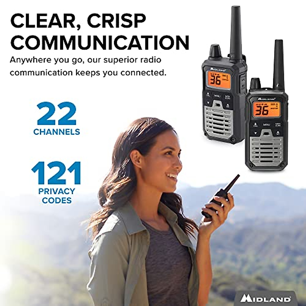 Midland T290VP4 X-TALKER GMRS Long Range Walkie Talkie - Two Way Radio with NOAA Weather Scan + Alert, and 121 Privacy Codes (Black/Silver, 2 Radios)
