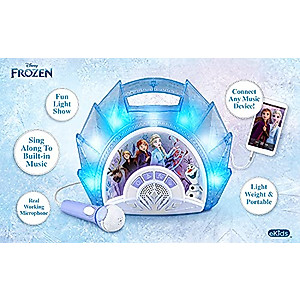 eKids Frozen Sing Along Boom Box Speaker with Microphone for Fans of Frozen Toys for Girls, Kids Karaoke Machine with Built in Music and Flashing Lights , Blue, 3.5mm Audio Jack