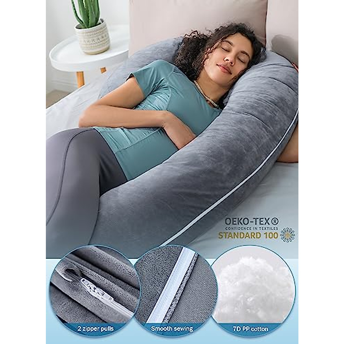 INSEN Pregnancy Pillows, C Shaped Pillows for Sleeping Support, Maternity Body Pillow Pregnant Women with Removable Velvet Cover, Gray, 58 Inch