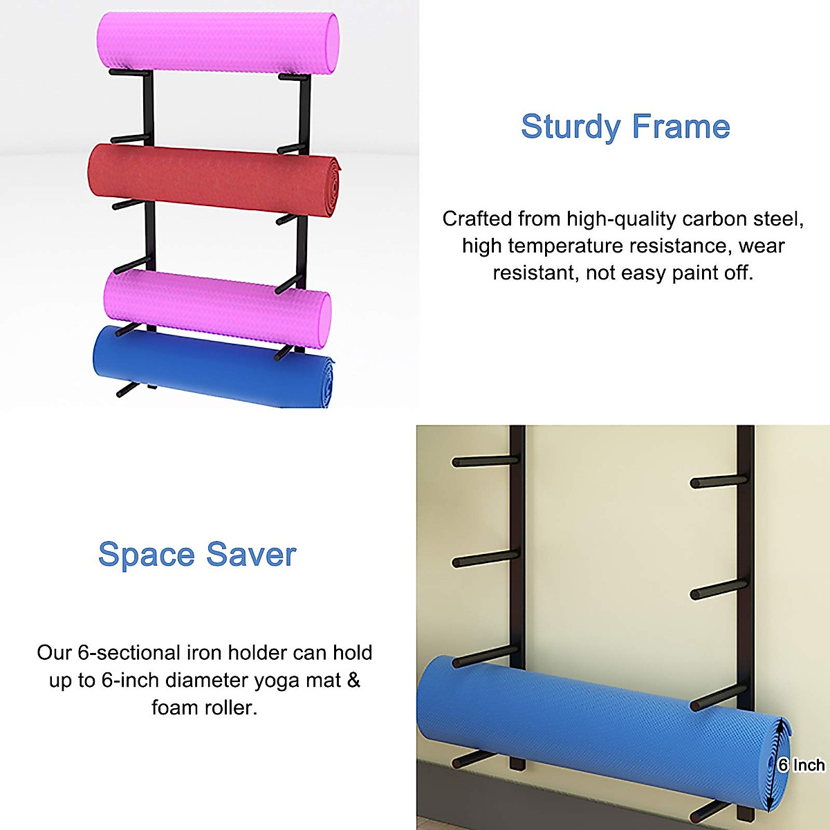 DACUN Safety Certification Yoga Mat Wall Rack and Foam Roller Storage, 6-Tiers Wrought Iron Exercise Mats for Home Gyms & Studio, Up to 6 Inch Diameter (Color : White) (Color : Black)