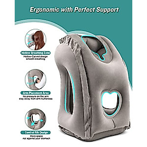 JefDiee Inflatable Travel Pillow, Airplane Neck Pillow Comfortably Supports Head and Chin for Airplanes, Trains, Cars and Office Napping with 3D Eye Mask, Earplugs and Portable Drawstring Bag (Grey)