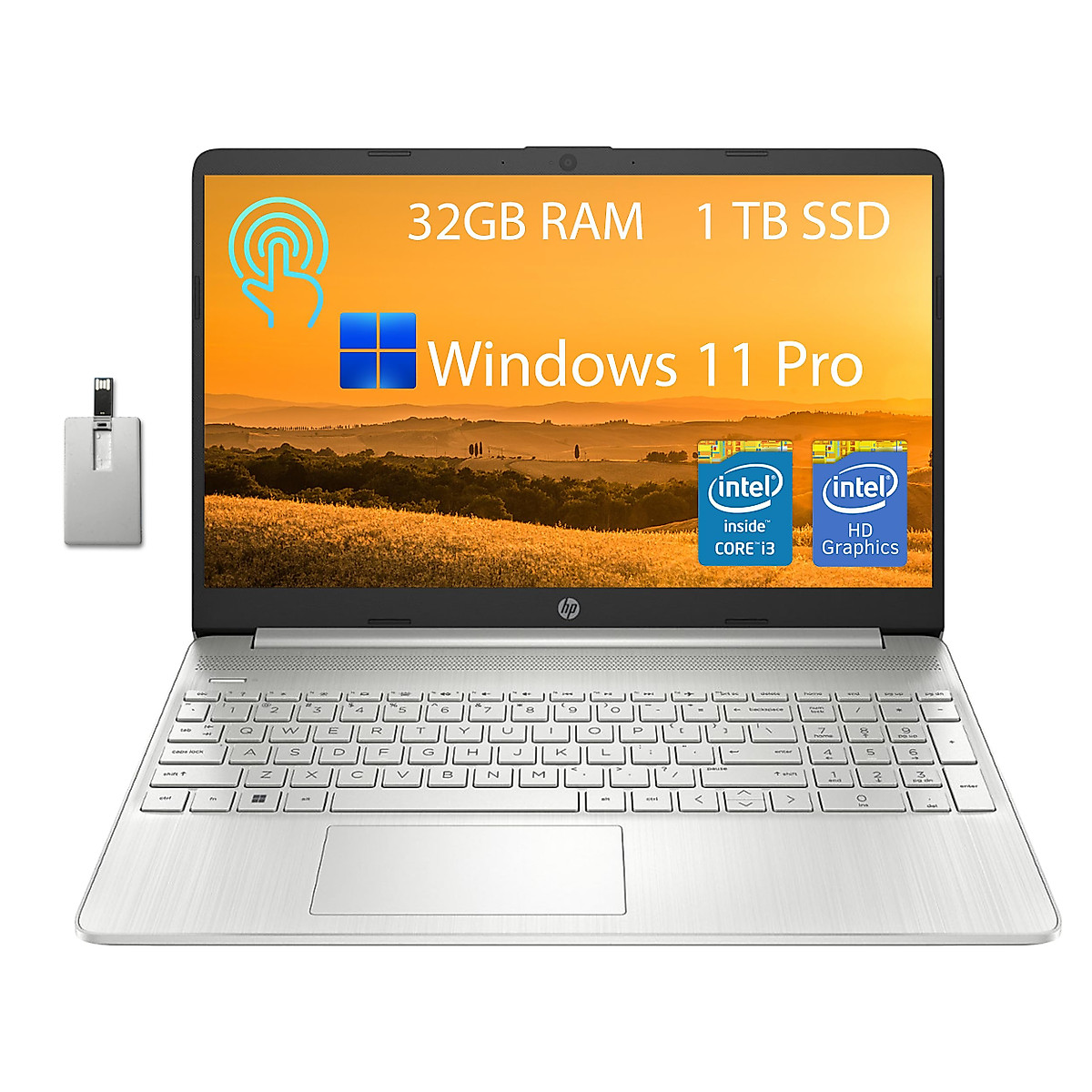HP 15.6” HD Touchscreen Laptop, Intel Core i3-1215U Processor, 32GB RAM, 1TB PCIe SSD, Intel UHD Graphics, HD Webcam, Numpad, Wi-Fi 5, Bluetooth, Silver, Win 11 Pro, 32GB USB Card