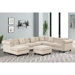 Morden Fort Chesterfield Modular Convertible Sectional U-Shape Polyester Fabric Sofa with Chaise Accent Tufted Couch for Living Room Furniture Set