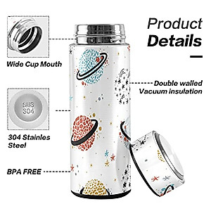 CaTaKu Cartoon Space Planet Star Water Bottle Insulated 16 oz Stainless Steel Flask Thermos Bottle for Coffee Water Drink Reusable Wide Mouth Vacuum Travel Mug Cup
