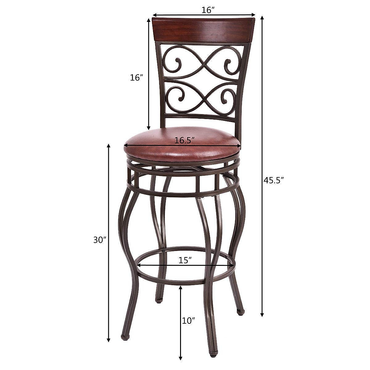 COSTWAY Bar Stools Set of 2, 360 Degree Swivel, 30" Bar Height Bar Stools, Leather Padded Seat Bistro Dining Kitchen Pub Metal Chairs with Back for Kitchen Island (Set of 2)