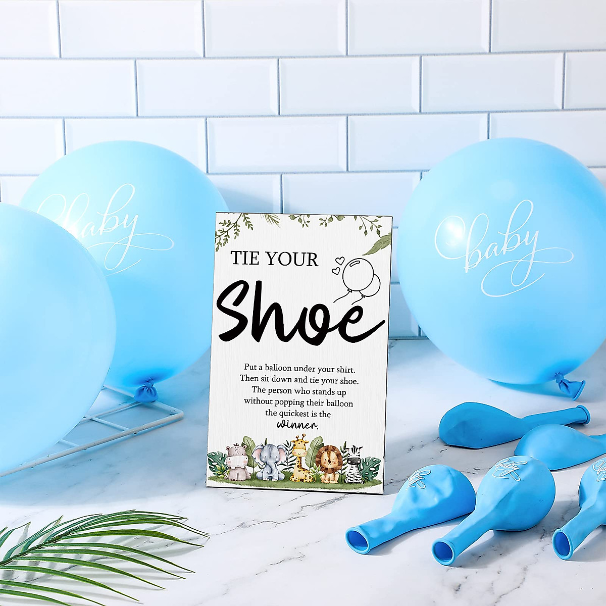 Roowest 51 Pcs Tie Your Shoe Baby Shower Game Woodland Safari Baby Shower Sign 50 Baby Latex Balloons Gender Reveal Party Favors Jungle Baby Shower Games for Boys Girls(Blue)