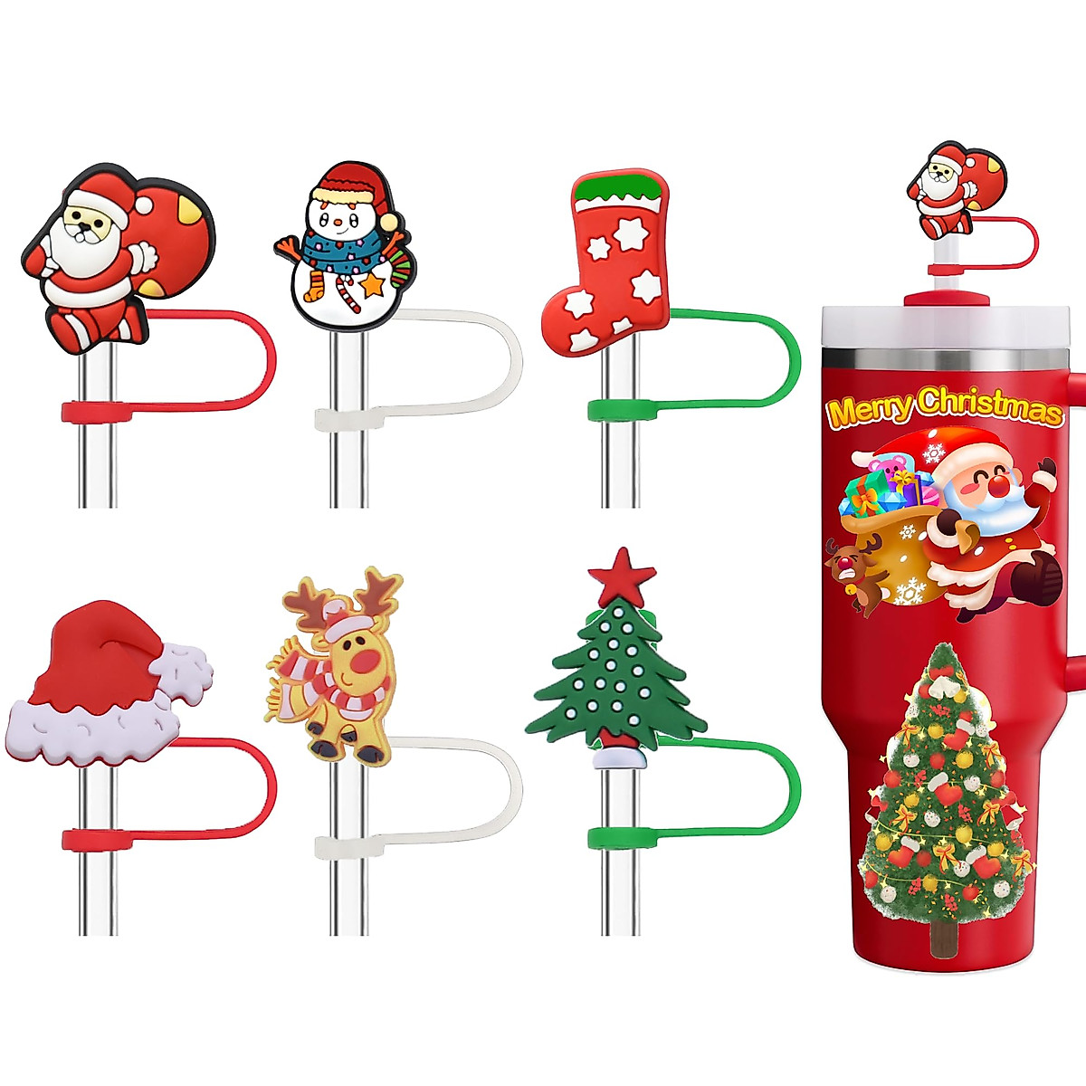 Amreich Christmas Straw Toppers for Stanley Cup 30 40 Oz Tumblers - 6PCs Silione Straw Cover Cap Reusable 10mm Straw Accessories Xmas Gift for Stanley Cup Owner