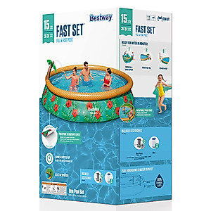 Bestway Fast Set Paradise Palms 15' x 33" Round Inflatable Outdoor Swimming Pool Set with Built-In Palm Tree Sprinkler and Filter Pump