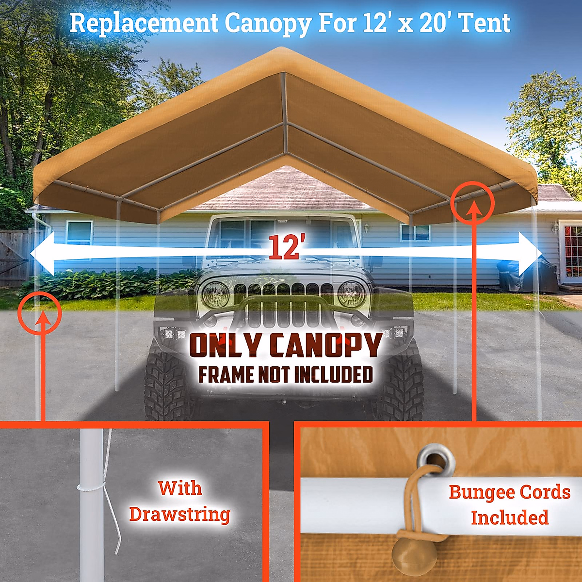 BenefitUSA 12'x20' Upgraded Carport Canopy Tent Garage Replacement Car Shelter Cover with Bungees,Frame is not Included (Tan)