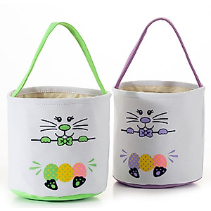 E-FirstFeeling 2 Pack Easter Bunny Basket for Kids Egg Hunt Bunny Baskets Canvas Easter Basket Bucket Tote for Easter Candy (Green Purple)