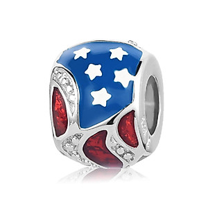 MiniJewelry Women USA Flag Icon Spacer Charm Compatible with Pandora Bracelets America Independence Day Star Blue Red Sterling Silver Bead Family Birthday Christmas