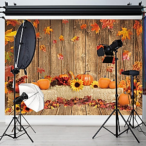 Fluzimir 10x7FT Autumn Fall Photo Backdrop for Photography Thanksgiving Day Wooden Pattern Maple Leaves Pumpkin Background Fall Friendsgiving Party Decorations Harvest Event Banner Decor