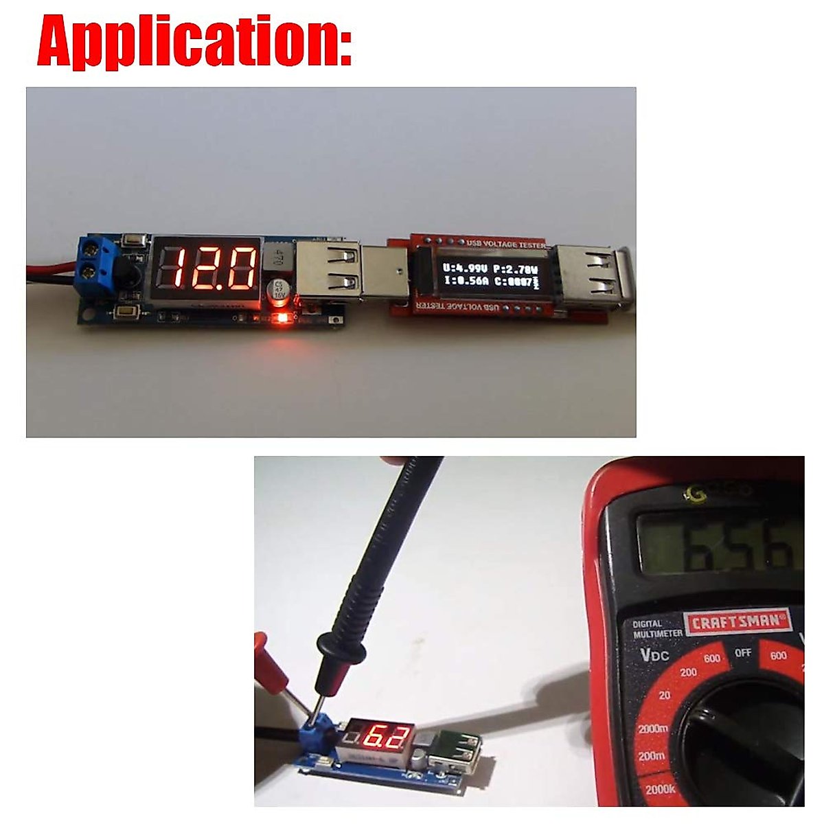 DAOKI 2 Pack DC-DC Buck Voltage Converter 6.5-40V to 5V 2A Step-Down USB Output Voltmeter Module Low Power Transformer with LED Display, 24AWG Wire