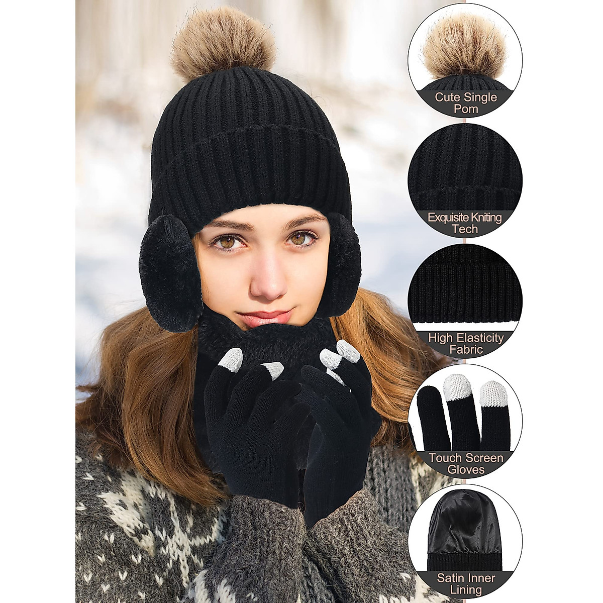 Eurzom 5 Pcs Women Warm Hat and Gloves Scarf Set Knitted Beanie Ski Outing Pompom Hat Winter Ear Warmer Ski Earmuffs Stocking (Black)