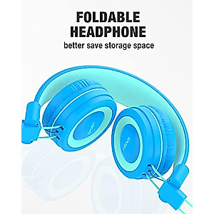 Eposy Kids Headphones, E10 Wired Headphones for Kids Foldable Stereo Bass Headphones with Adjustable Headband, Tangle-Free 3.5 mm Jack for School, On-Ear Headset for Boys Girls Cellphones(Blue/Green)