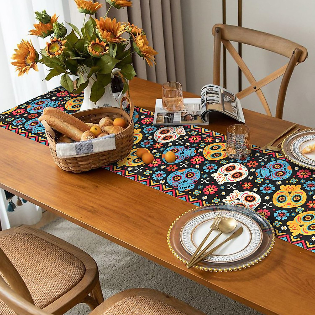 Day of The Dead Table Runner Mexican Skull Table Runner 72 x 13 Inch Halloween Floral Table Runner Dia De Los Muertos Table Runner Fiesta Table Decor for Halloween Decoration Home Kitchen Indoor party
