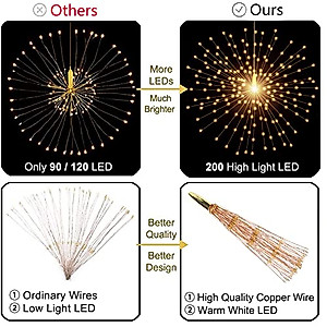 200 LED Starburst Sphere Lights,Firework Lights Battery Powered, Tent Chandelier Remote Control, Waterproof Hanging Lights for Gardens Courtyards Porches Christmas Party Home Decor（Warm White）