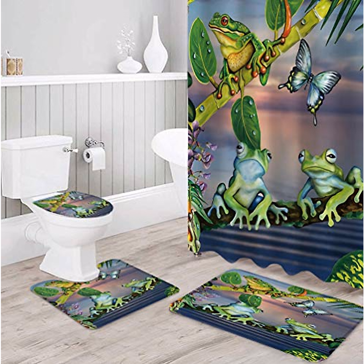 FAMILYDECOR 4 Pcs Bathroom Shower Curtain Sets with Non-Slip Rugs, Toilet Lid Cover and Bath Mat Cartton Frog and Butterfly Waterproof Bath Curtain with Rustproof Hooks 36x72 Inch