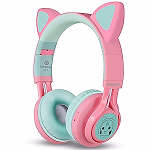 Riwbox CT-7 Cat Ear Bluetooth Headphones, LED Light Up Bluetooth Wireless Over Ear Headphones with Microphone and Volume Control for iPhone/iPad/Smartphones/Laptop/PC/TV (Pink&Green)