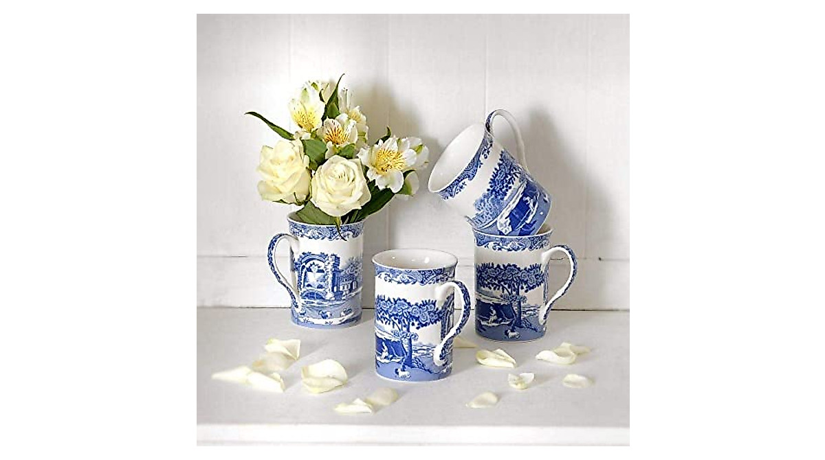 Spode Blue Italian Large Mugs Set of 4 - Elegant Porcelain Coffee Cups