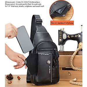 BULLCAPTAIN Genuine Leather Sling Bag for Men Crossbody with Cellphone Stand Chain Chest Shoulder Backpack Daypack XB-520 (Black)
