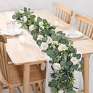 TOCHGREEN 4 Pack Artificial Eucalyptus Flower Garland with White Roses, Fake Rose Flower Greenery Garland Floral Vines for Wedding Home Party Table Runner Decor (4PCS, white)