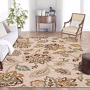 Superior Indoor Area Rug, Jute Backing, Plush Floral Rugs for Entryway, Living Room, Kitchen Floors, Bedroom, Office Floor Cover, Modern Farmhouse Rugs, Jacobean Collection, 8' x 10', Stone