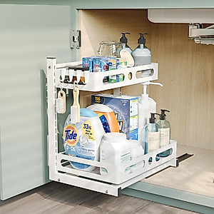 NETEL Under Sink Organizer,Pull Out Sliding Cabinet Basket Organizer 2 Tier Under Bathroom Storage Rack, Multi-Use for, Height Adjustable, With PP Frosted Pad, With strong double-sided adhesive, White