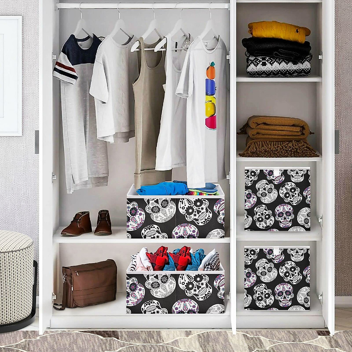 Sugar Skulls Flowers Basket Cube Storage Bins Fabric Storage Baskets Collapsible Decorative Storage Box with Handles Organizer Bag for Shelf Closet Toy Gift 15 x 11 x 7
