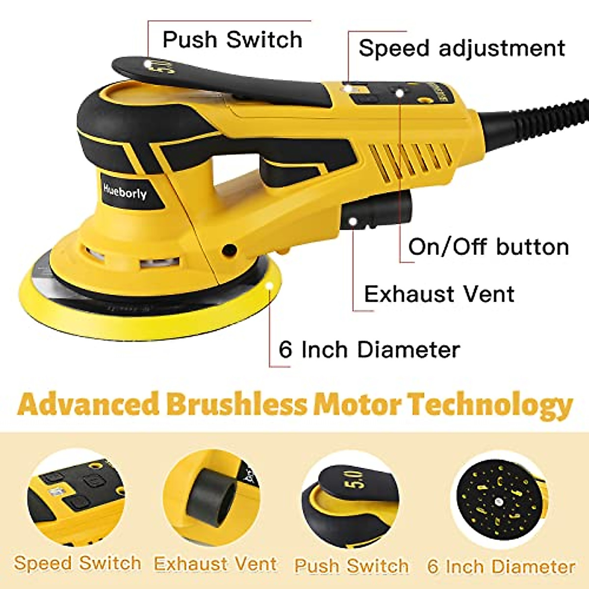 Wood Sander，Electric Random Orbital Sander，Brushless Motor 6"" Disc Size 350W 10000 RPM Polisher Sanding Variable Speed Tool for Woodworking, Polishing, Carpentry