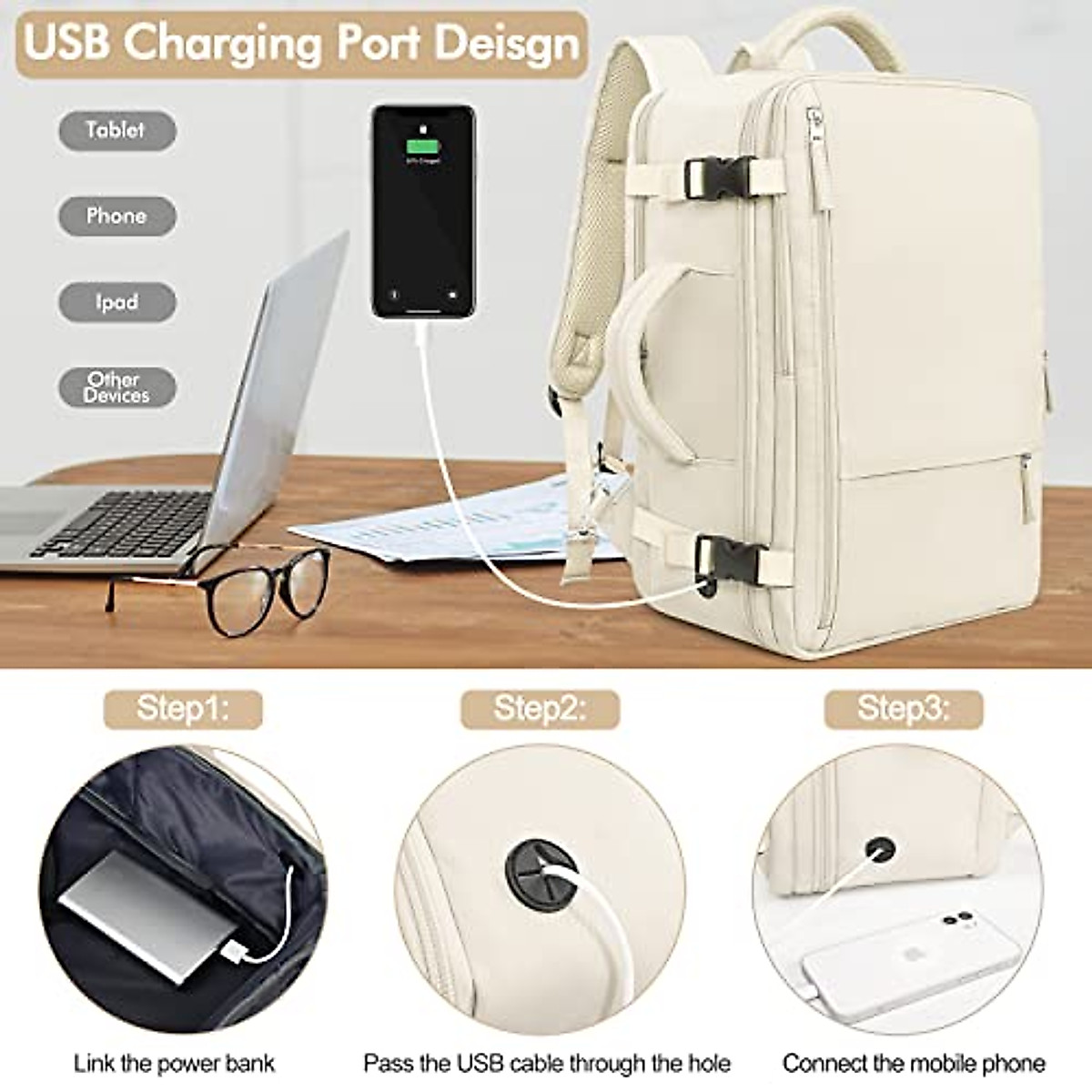 Rinlist Travel Backpack (2 Pieces Pink+Beige), Carry-on Backpack Flight-Approved for Men Women