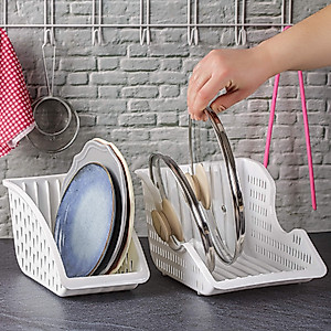 Crystalia Plastic Kitchen Cabinet Organizer for Dishes, Vertical Plate Storage Set for Countertop, Lid Plate Pan Holder Rack, Kitchenware Divider for Under Cabinet, Compact Clutter Organizer, White