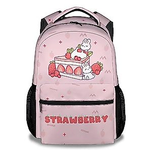 MEETUHONEY Strawberry Backpack for Girls - 16 Inch Cute Backpack for School - Light Pink Lightweight Durable Bookbag for Kids