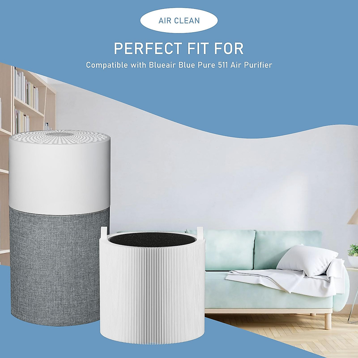 511 True HEPA Filter Replacement Compatible with Blueair Blue Pure 511 Air Cleaner Purifier, 2-in-1 HEPA Filter with Activated Carbon Filter, 2 Pack