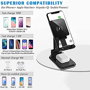 HINIDESPE Dual Wireless Charger Stand, 2 in 1 Charging Angle Height Adjustable Cell Phone Desk Holder Dock for iPhone 12/11/Xs/Max/X/8/8P AirPods, Samsung S10/S9/S8/Note10, black