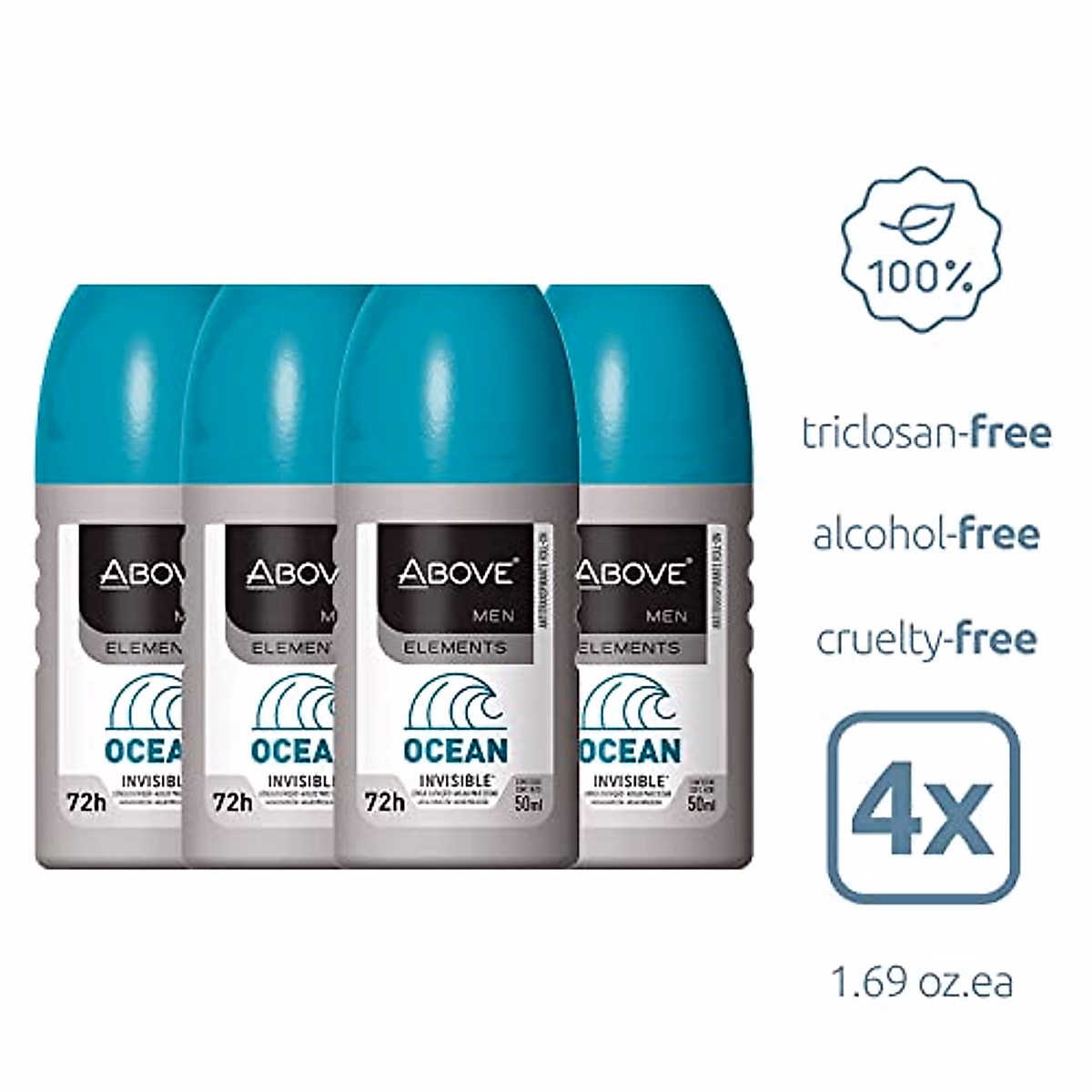 ABOVE Ocean - 72 Hour Elements Antiperspirant Roll-On Deodorant for Men - Notes of Lemon, Bergamot, and Lavender - Protects Against Sweat and Body Odor - Stain, Cruelty, and Alcohol Free - 4 Pc Set